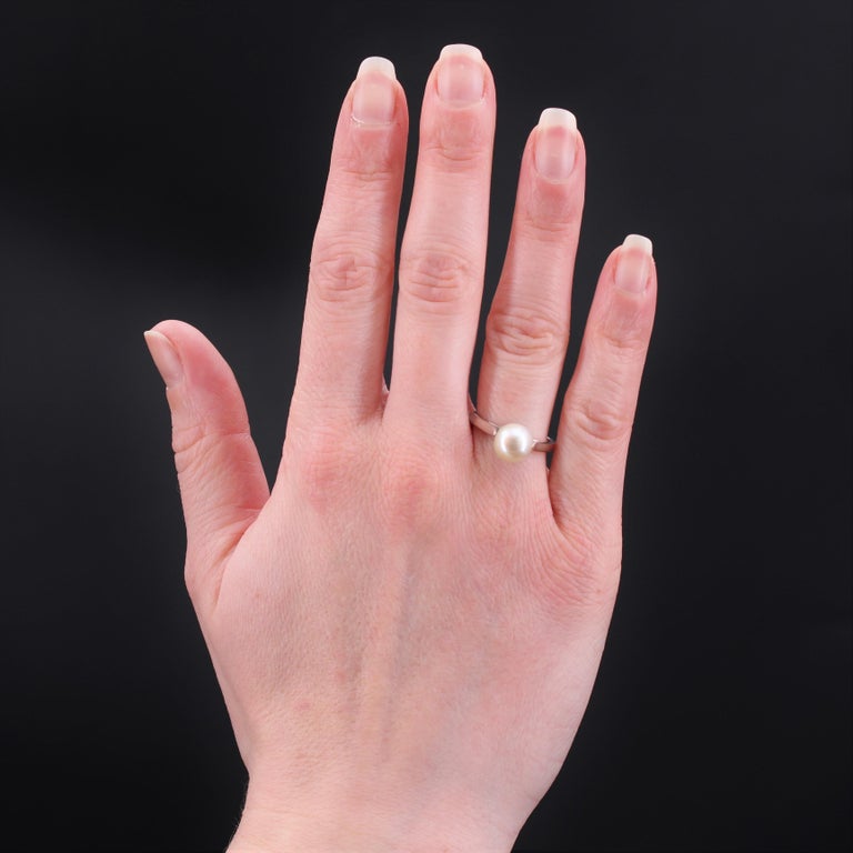 French Modern Cultured Pearl 18 Karat White Gold Solitaire Ring For ...