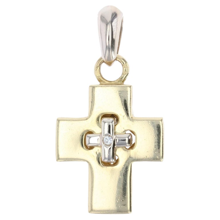 French Modern Diamond 18 Karat Yellow Gold Cross Pendant For Sale at ...