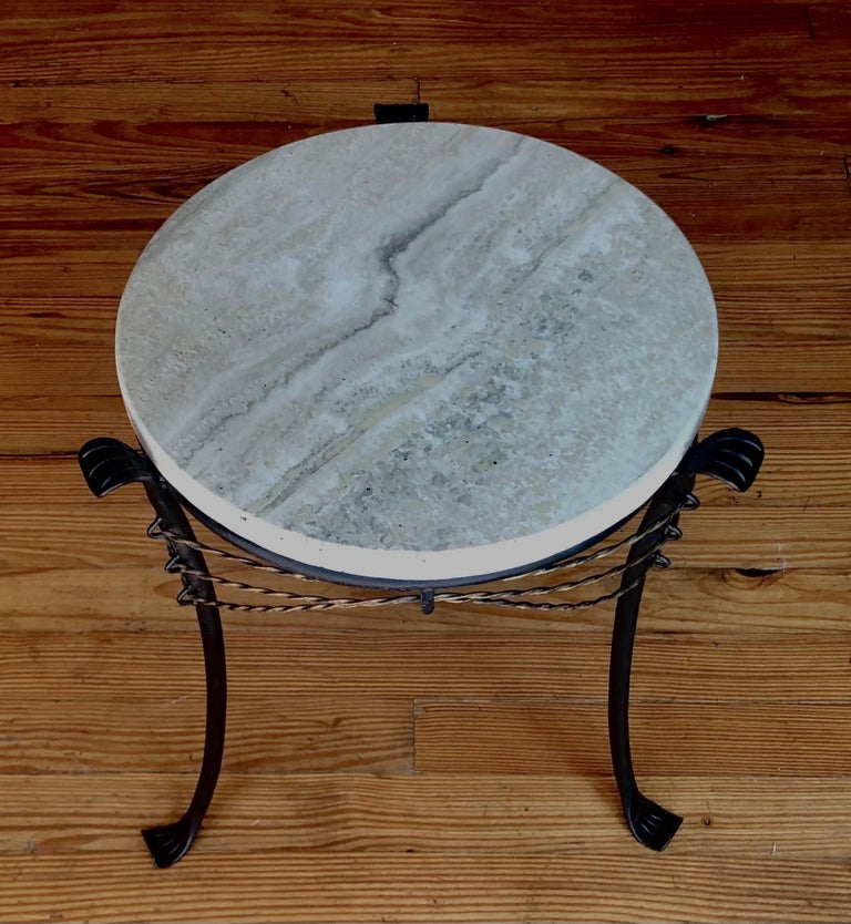 French Mid-Century Modern Neoclassical Gilt Wrought Iron and Travertine ...