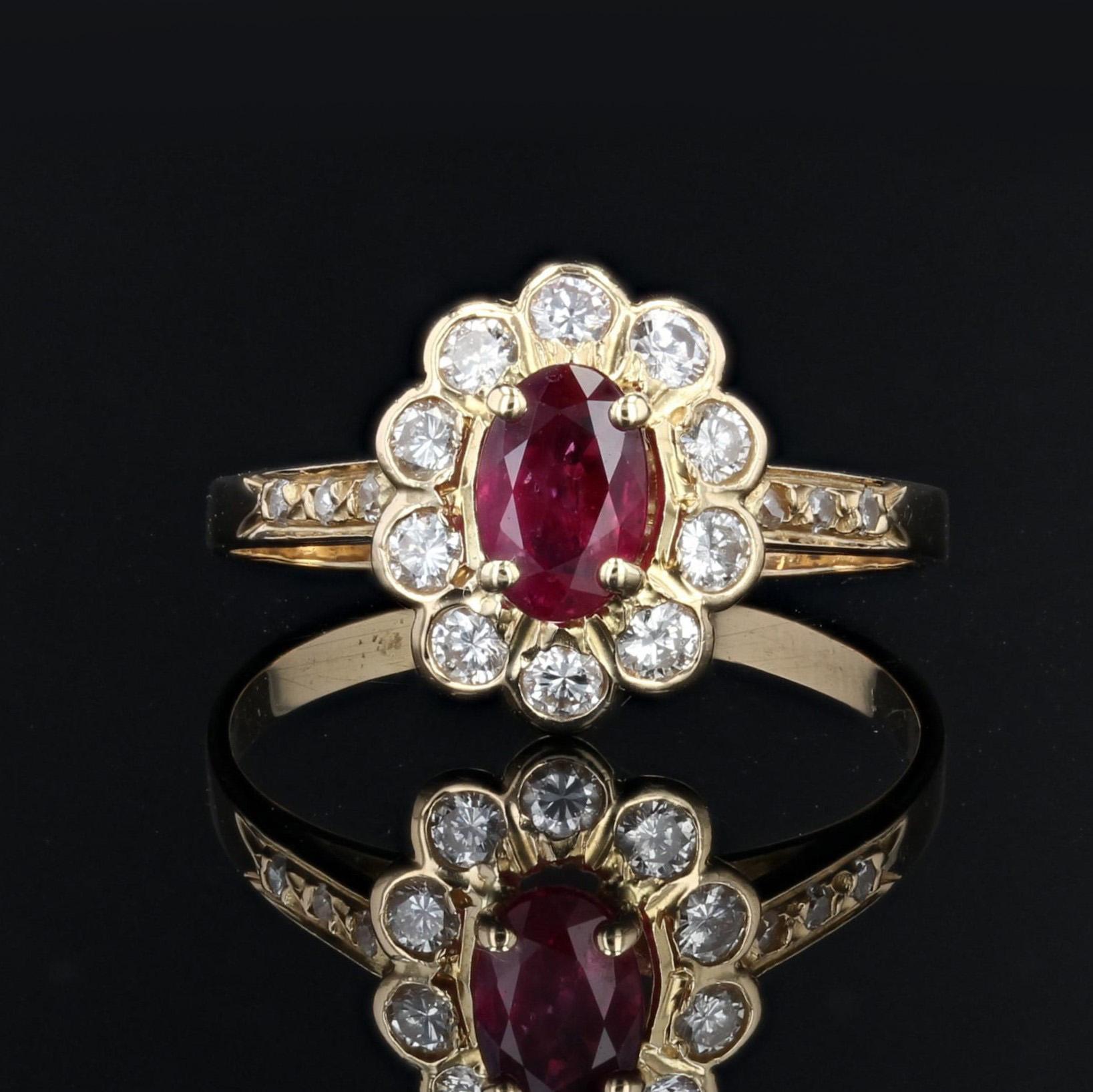 French Modern Ruby Diamond 18 Karat Yellow Gold Flower Ring For Sale at ...
