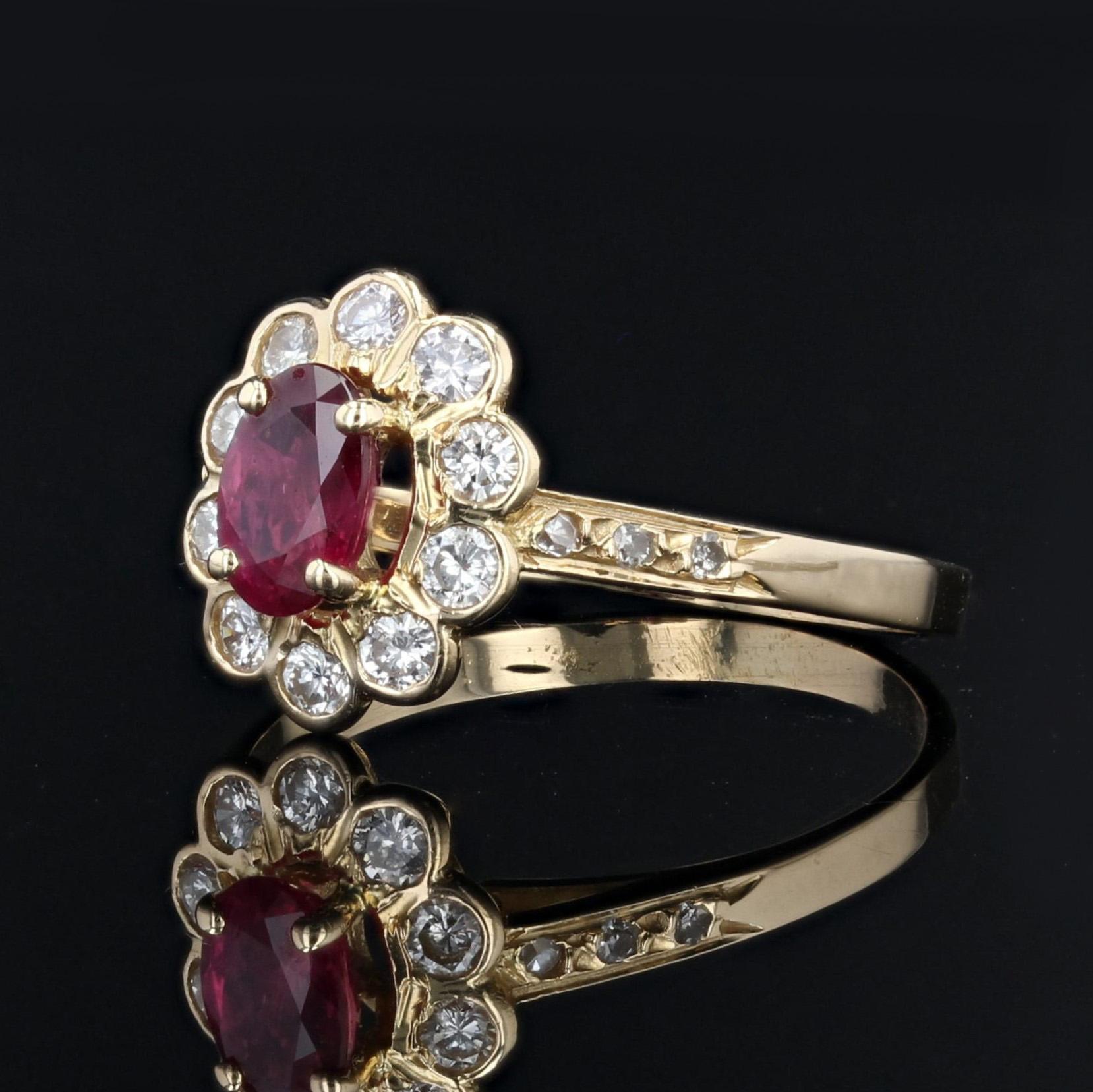 French Modern Ruby Diamond 18 Karat Yellow Gold Flower Ring For Sale at ...