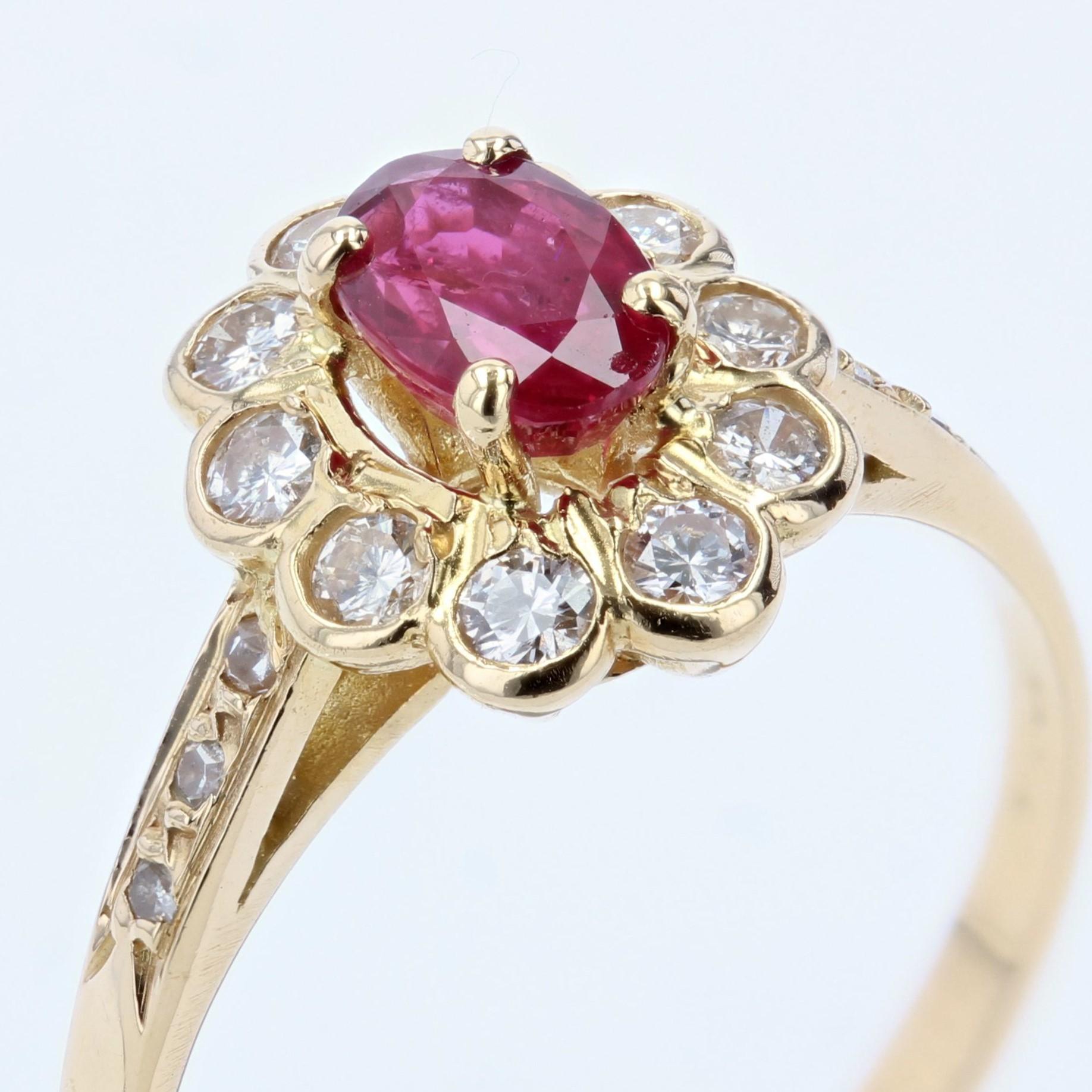 French Modern Ruby Diamond 18 Karat Yellow Gold Flower Ring For Sale at ...