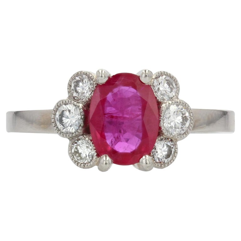 French Modern Ruby Diamonds Platinum Engagement Ring For Sale at 1stDibs