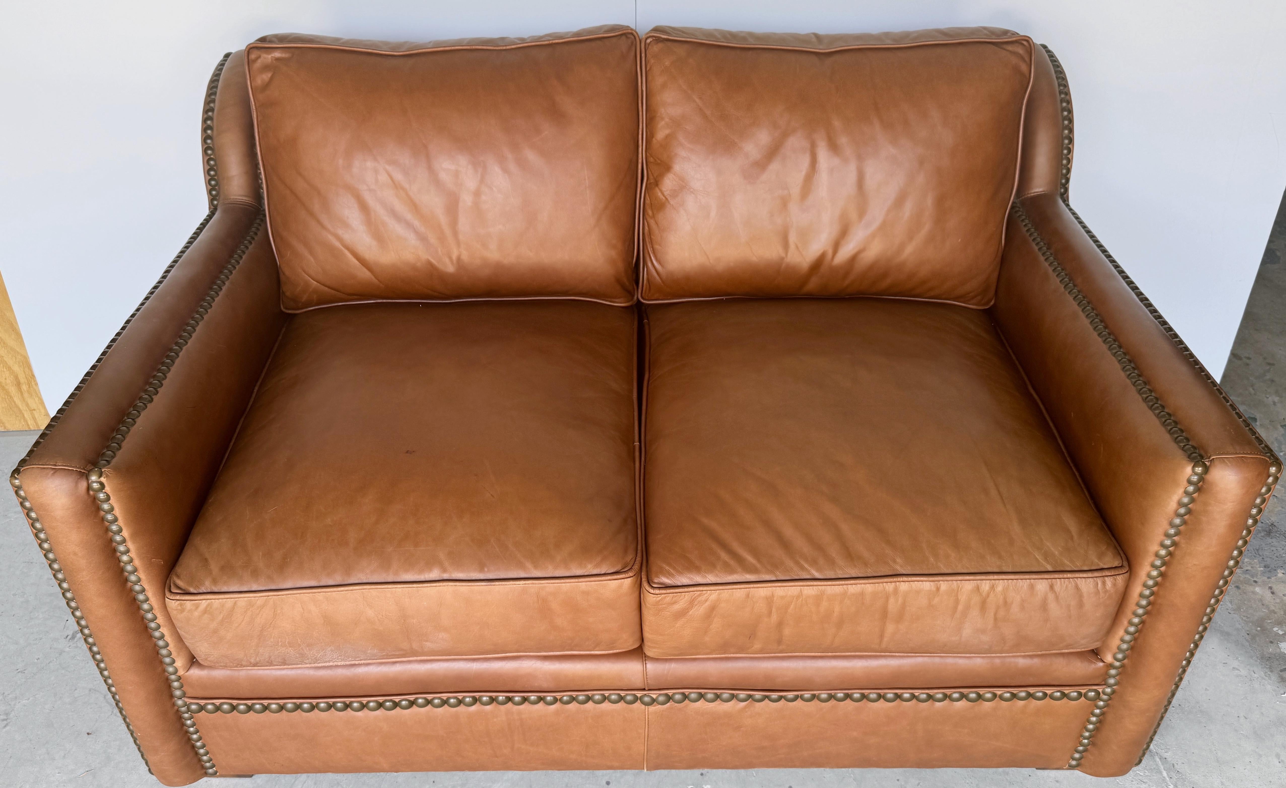 French Modern Style Saddle Leather and Brass Sofa For Sale at 1stDibs