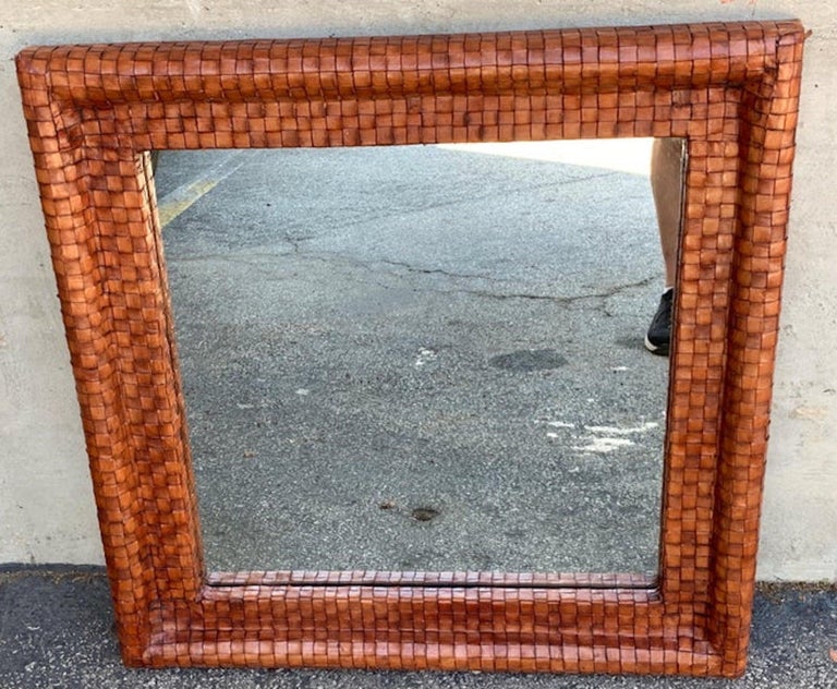 French Modern Woven Leather Mirror For Sale at 1stDibs