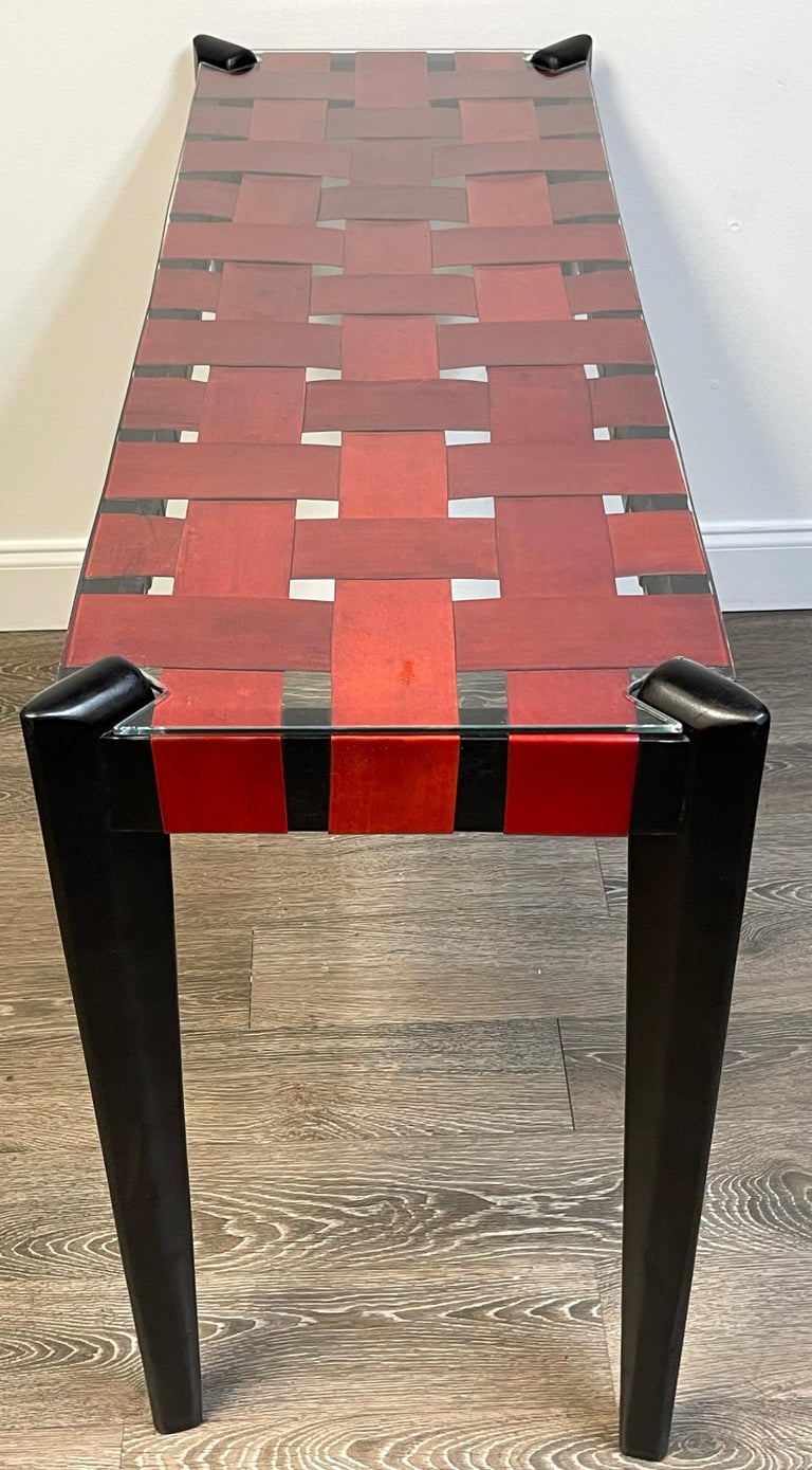 French Modern Woven Red Leather Strap Console Table For Sale at 1stDibs
