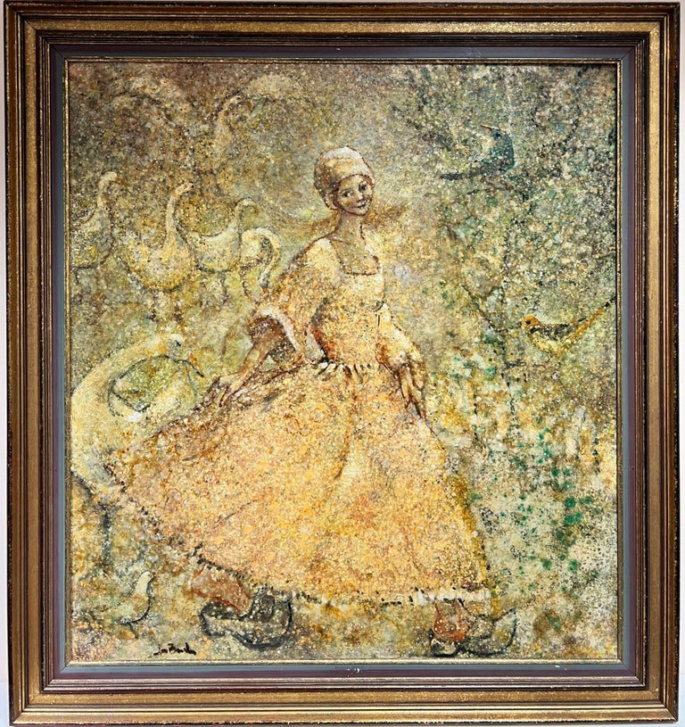 French Modernist - Huge French Modernist Oil Lady with Geese and Birds ...