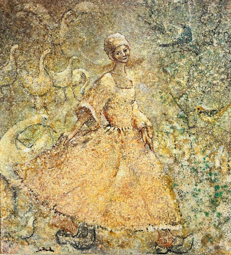 French Modernist - Huge French Modernist Oil Lady with Geese and Birds ...