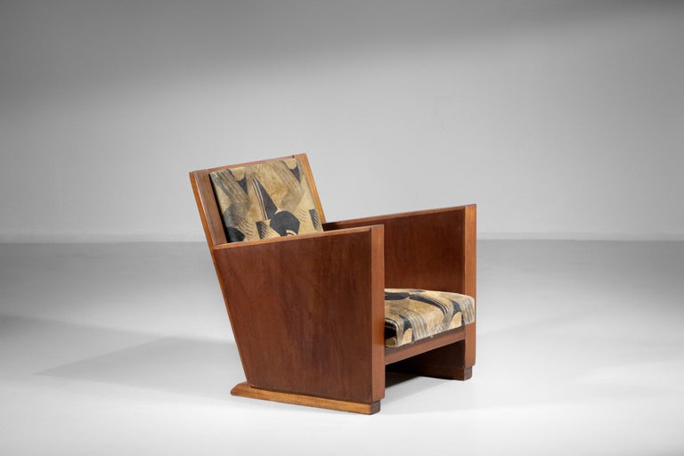 French Modernist Armchair in Art Deco Fabric with Geometric Patterns ...