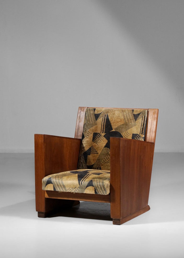 French Modernist Armchair in Art Deco Fabric with Geometric Patterns ...