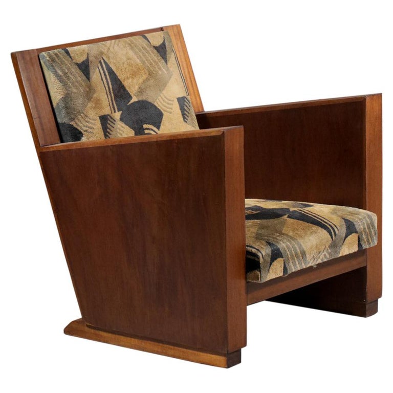 French Modernist Armchair in Art Deco Fabric with Geometric Patterns ...