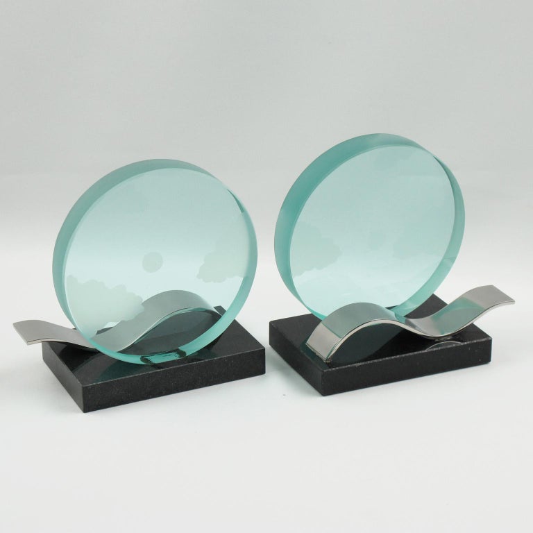 Modernist Bookends Black Granite and Etched Glass Slab, France 1980s ...