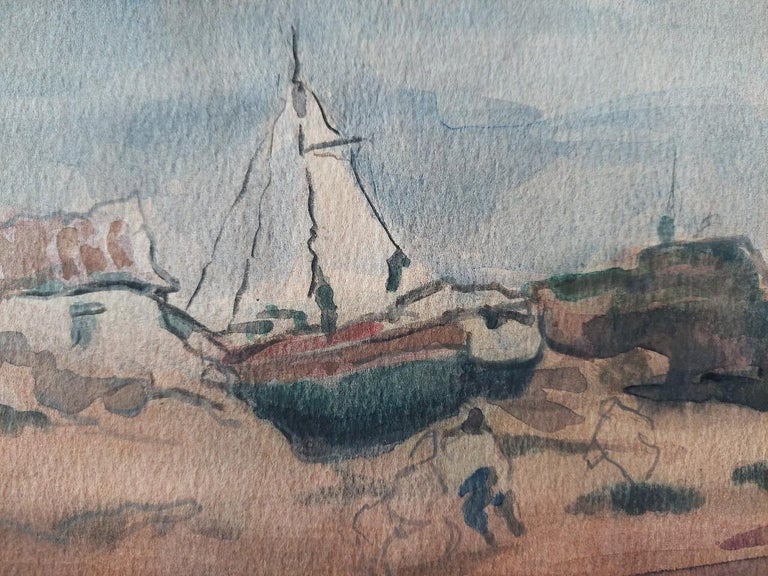 French Modernist Cubist Painting Fishing Boats on Rocky Coast For Sale ...