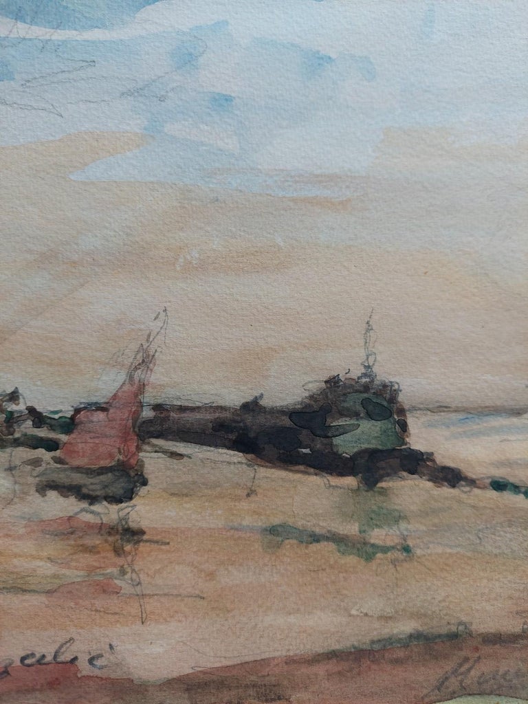 French Modernist Cubist Painting Red Sail on the Beach For Sale at 1stDibs