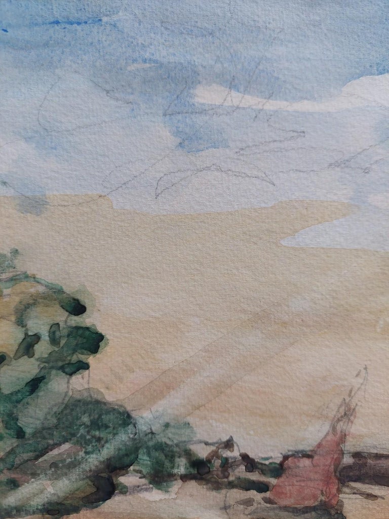 French Modernist Cubist Painting Red Sail on the Beach For Sale at 1stDibs