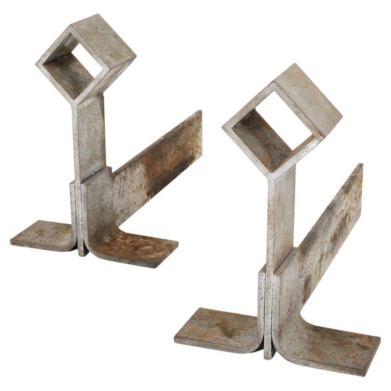 French Modernist Iron Fire Dogs Andirons, C. 1950s at 1stDibs