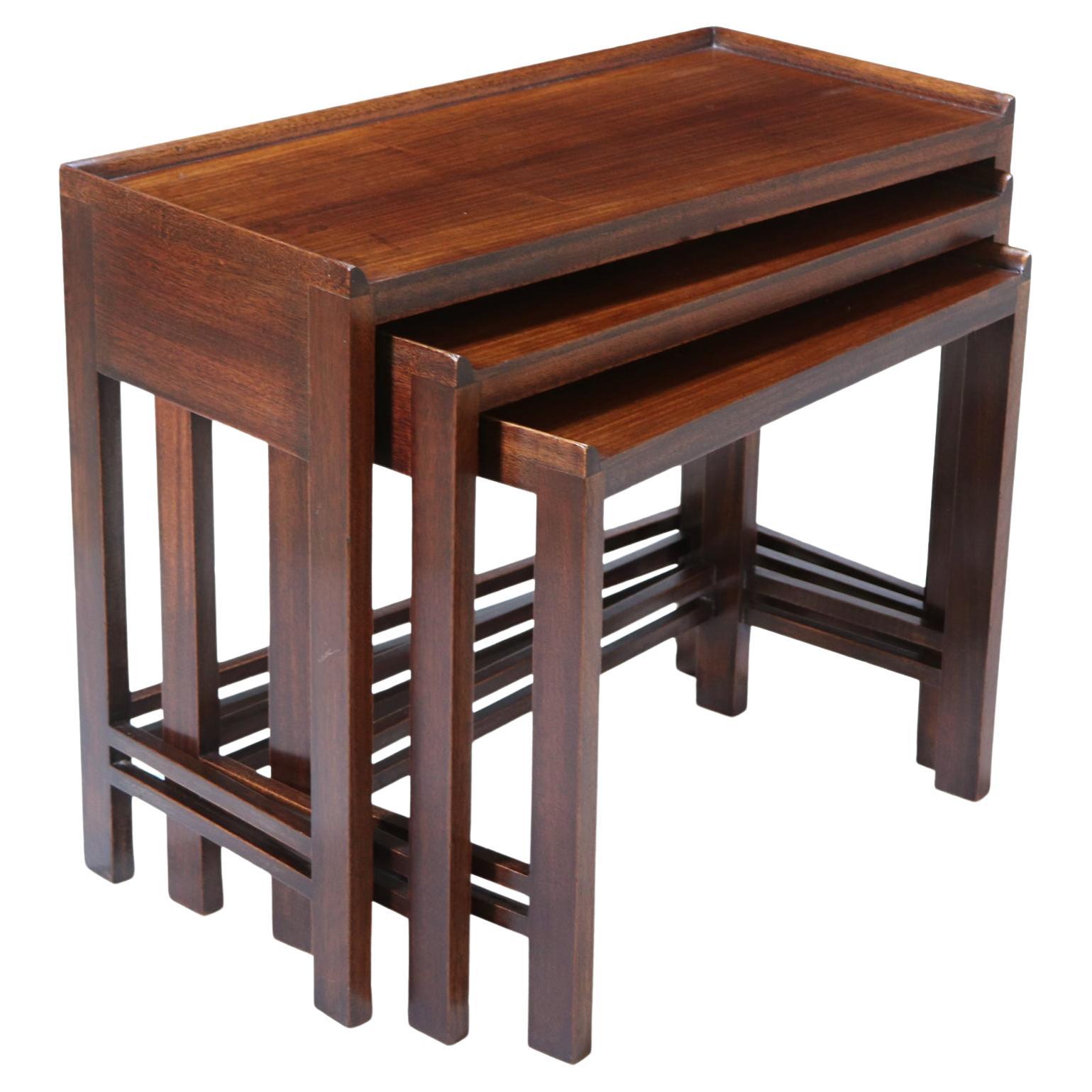 Nest of Three Mahogany with Brown Leather Top and Gold Leaf Embossed ...