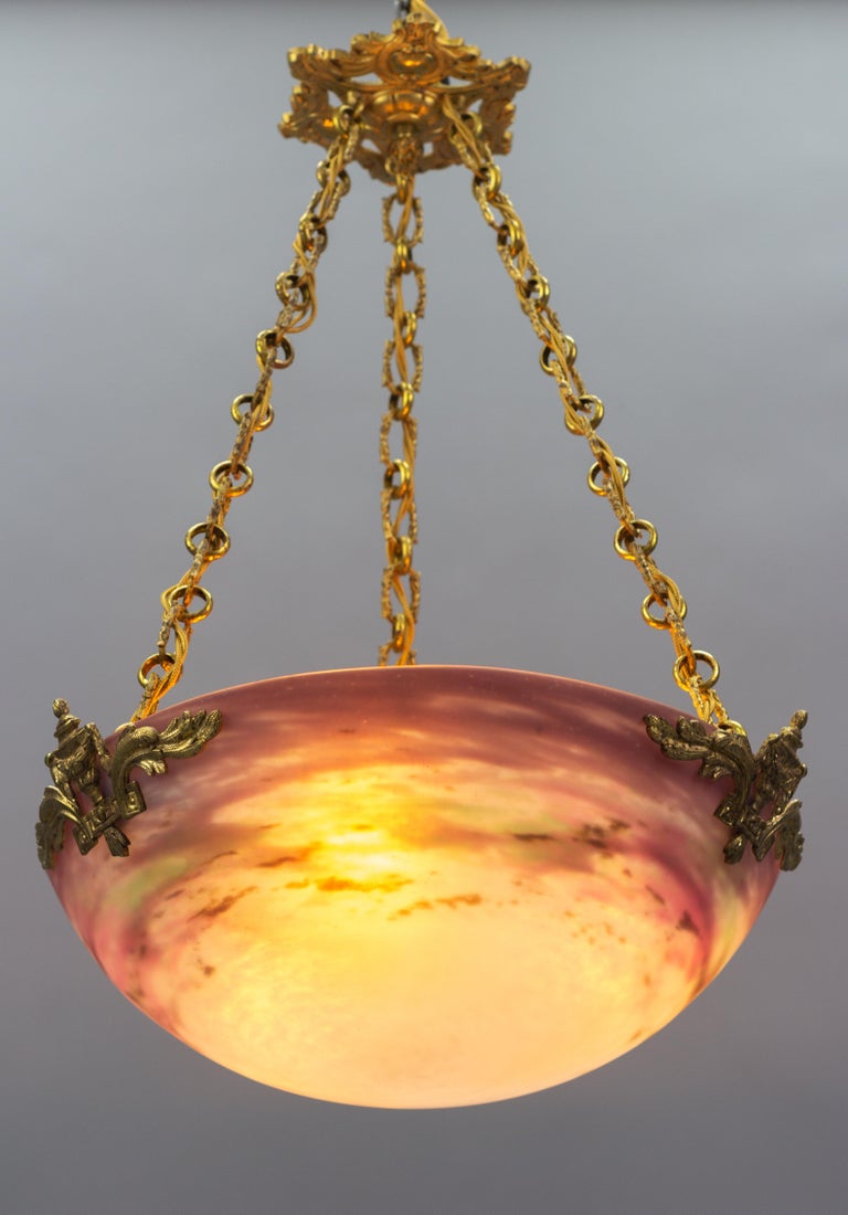 French Muller Frès Luneville Glass and Bronze Marked AP Pendant Light ...