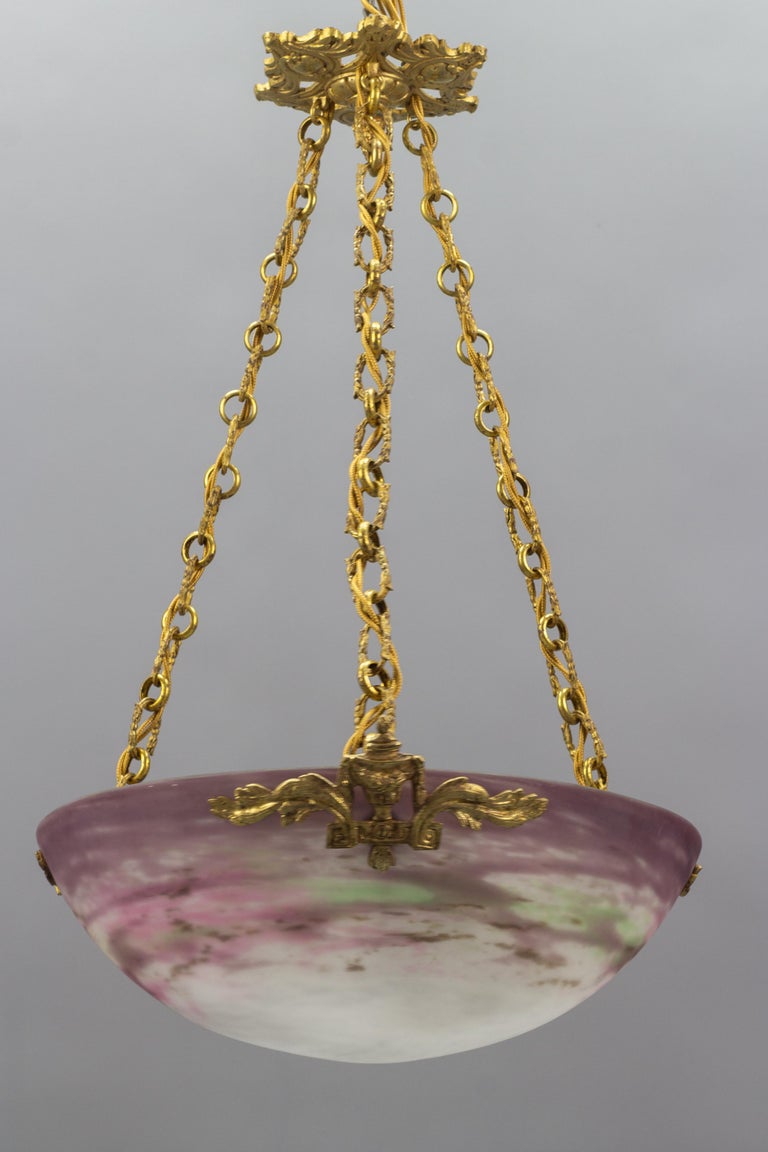 French Muller Frès Luneville Glass and Bronze Marked AP Pendant Light ...