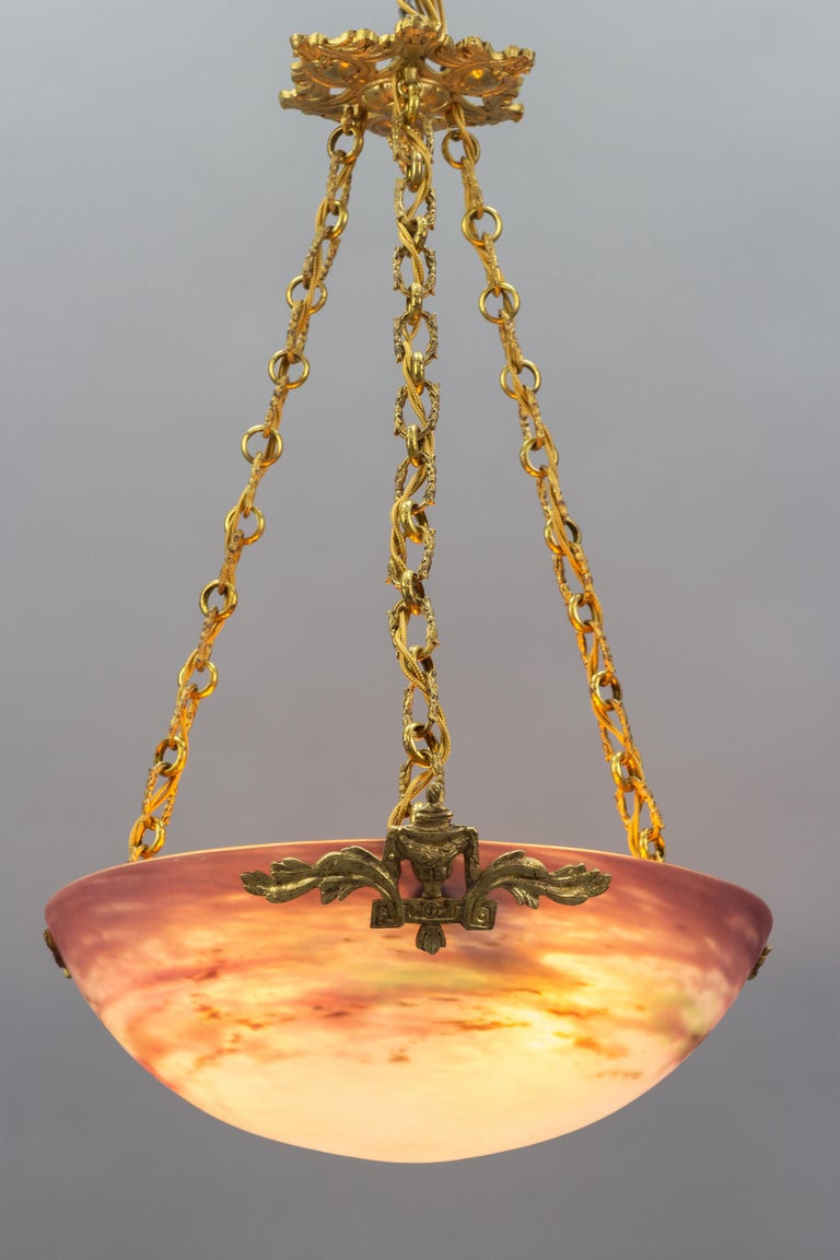 French Muller Frès Luneville Glass and Bronze Marked AP Pendant Light ...
