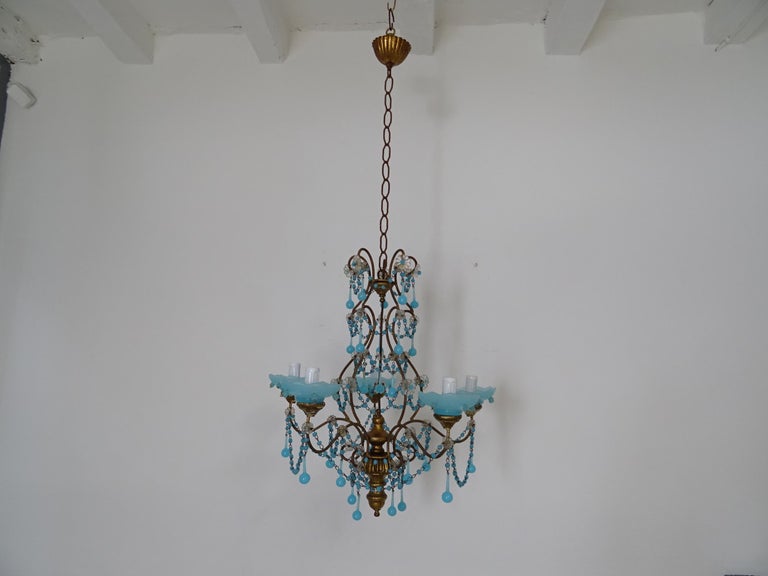 French Murano Blue Bobeches Drops and Beads Opaline Beaded Chandelier ...