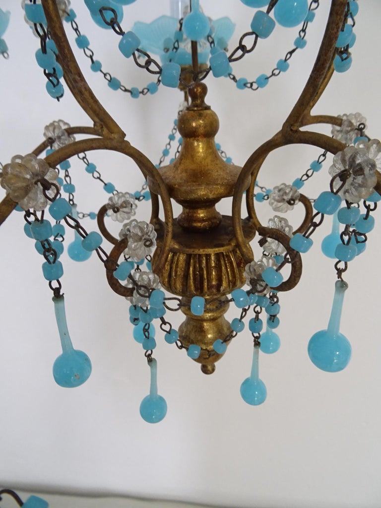 French Murano Blue Bobeches Drops and Beads Opaline Beaded Chandelier ...