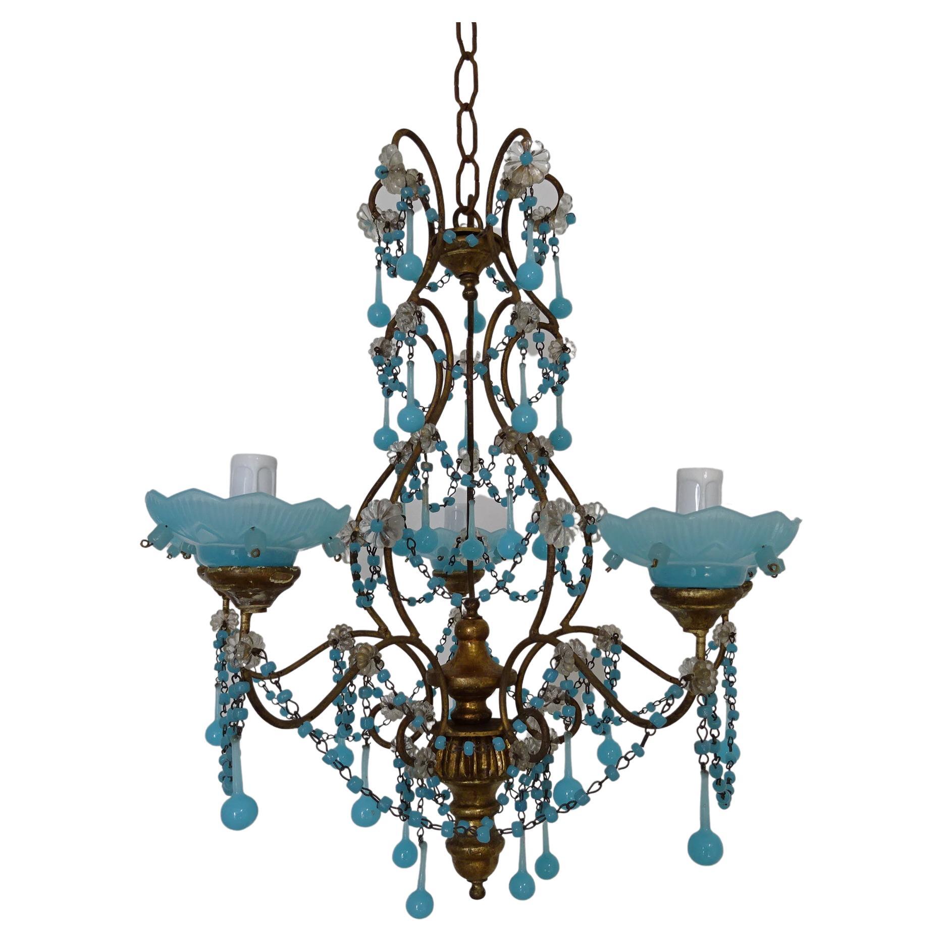 French Blue Opaline Drops and Beads Petit Chandelier Vintage at 1stDibs