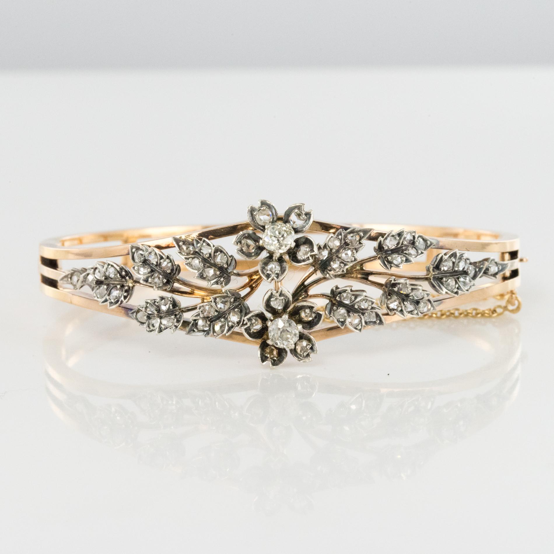French Napoleon 3 Diamonds Rose Gold Silver Bangle Bracelet at 1stDibs