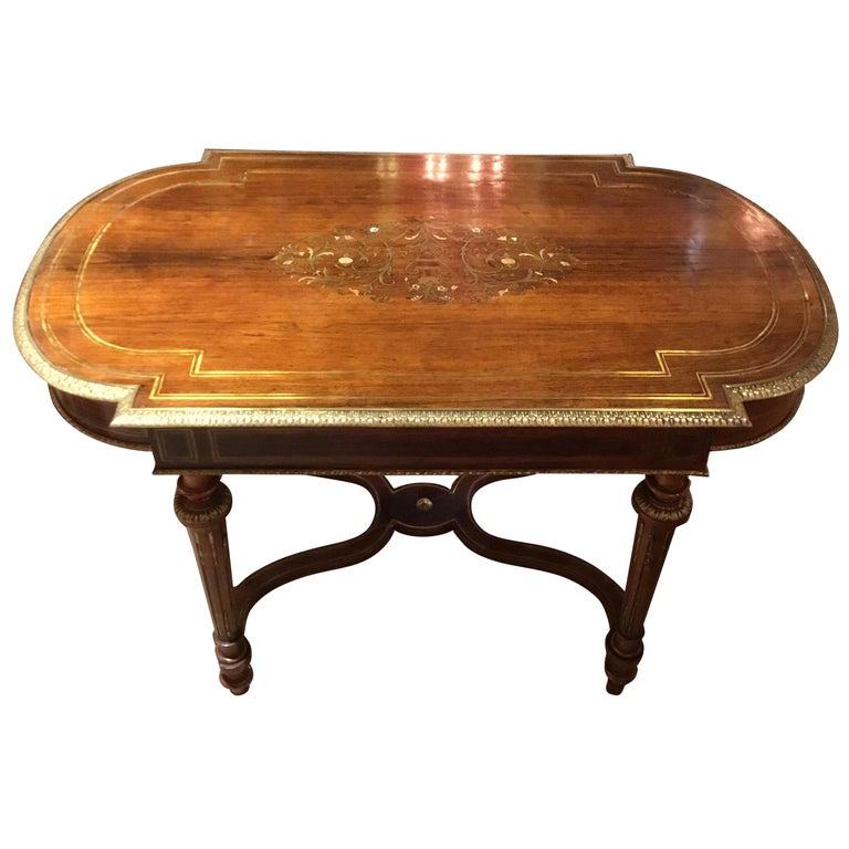 French Napoleon III Center Table, Oval Form, Brass Inlays, and Gilt ...