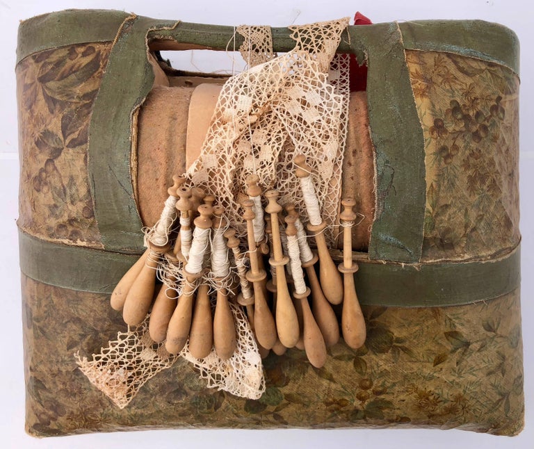 French Napoleon III Leather Lace Making Kit with Bobbins and Lace, Late ...