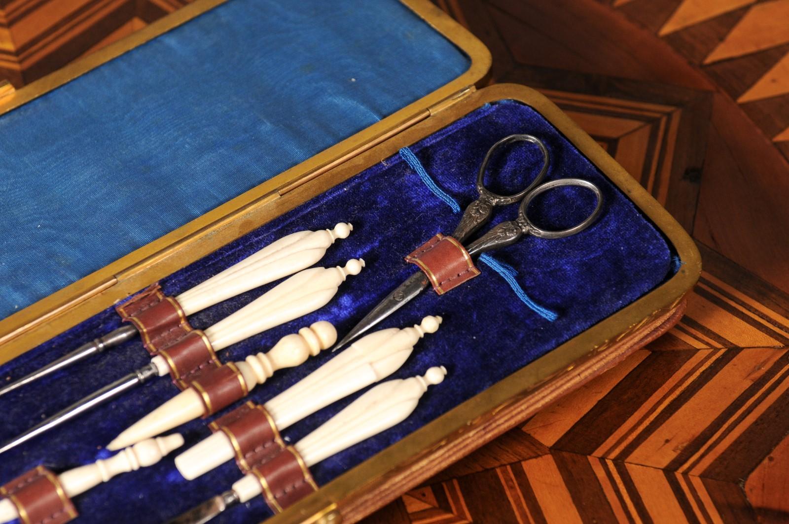 French Napoleon III Period 19th Century Leather Sewing Kit with Bronze ...