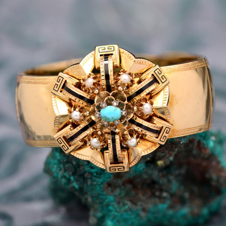 French Napoleon III Turquoise Black Enamel Fine Pearls 18K Rose Gold ...