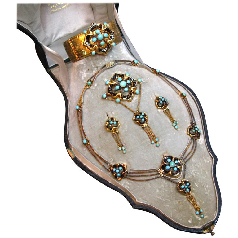 French Napoleon III Turquoises Enamel Diamonds Yellow Gold Parure Set ...