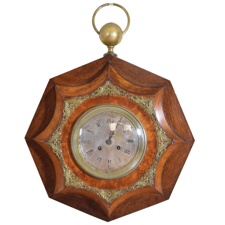 French Neoclassic Burl Walnut and Brass Octagonal Wall Clock, 2nd q ...