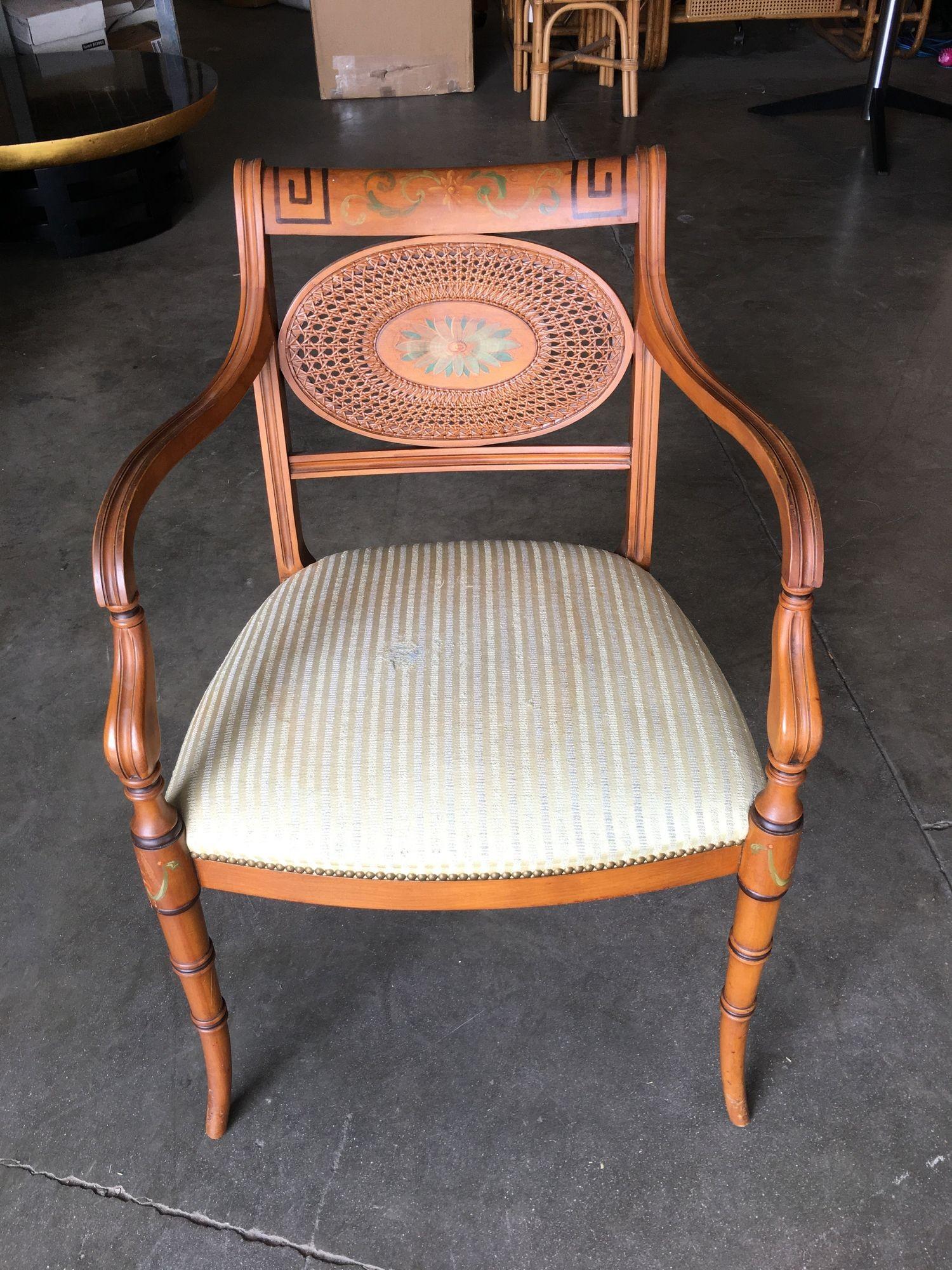 French Neoclassic Dining Chair with Hand-Painted Woven Wicker Back For ...