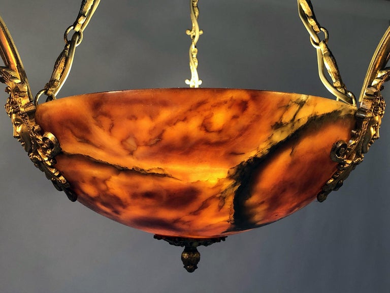 French Neoclassical Alabaster 6-Arm Plafonnier Amber Brass Ormolu ...