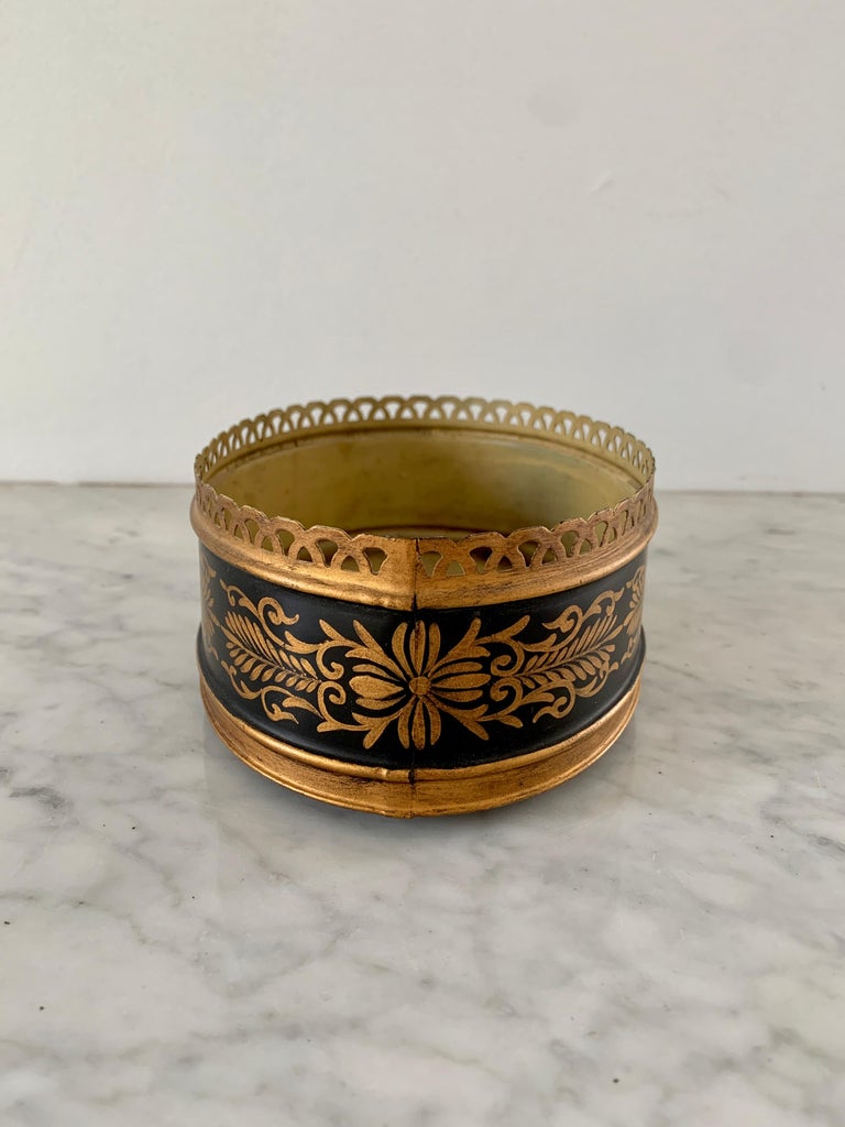 French Neoclassical Black and Gold Reticulated Tole Cachepot Planter ...