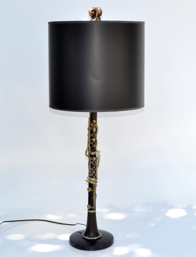 French Neoclassical Clarinet Wood Brass and Metal Table Lamp Black Gold ...