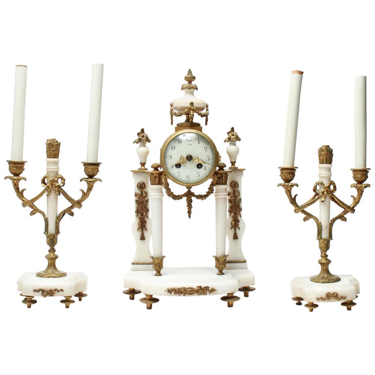 French Neoclassical Garniture Set with Clock and Candlesticks at 1stDibs