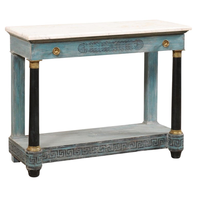 French Neoclassical Painted Console W/Greek Key Motif, Marble Top, and ...