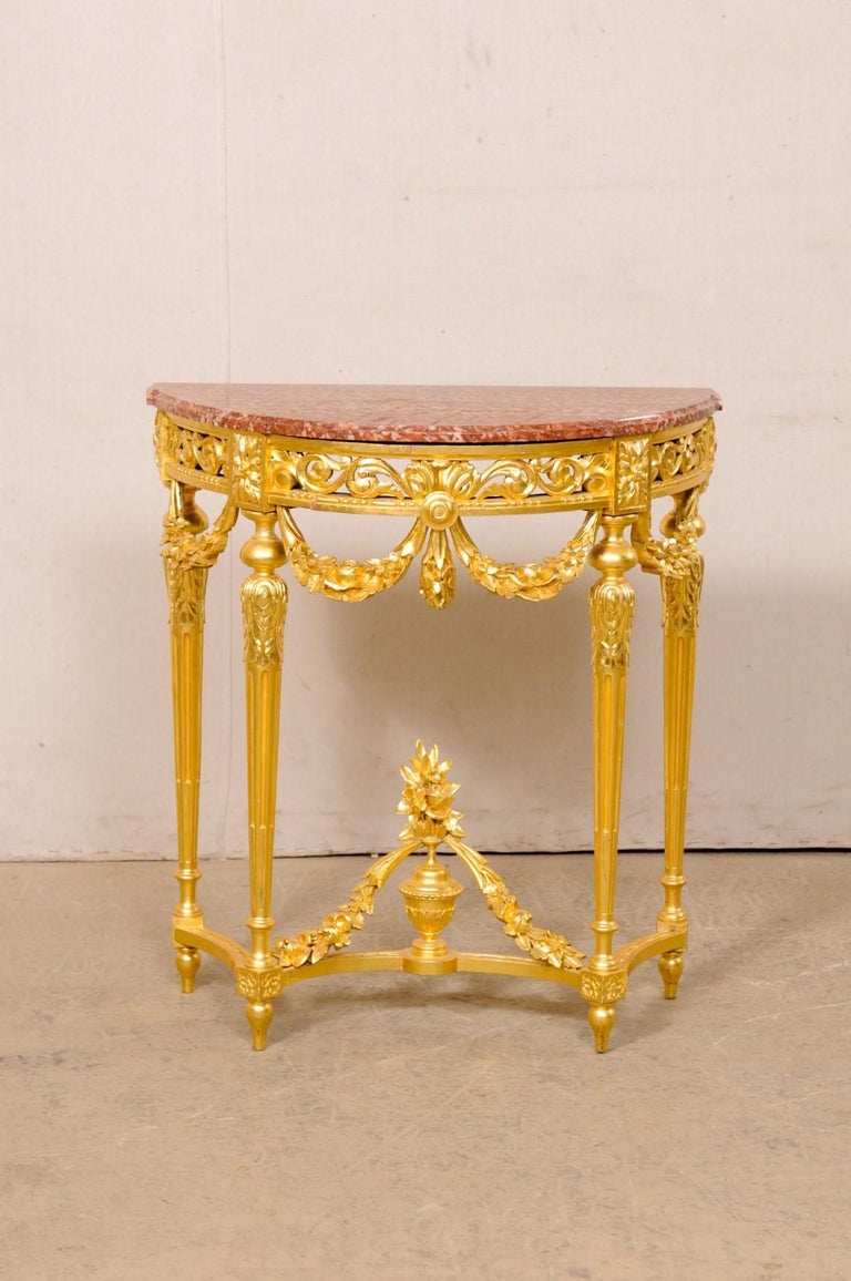 French Neoclassical Petite-Sized Carved and Gilt Wood Console W/Marble ...