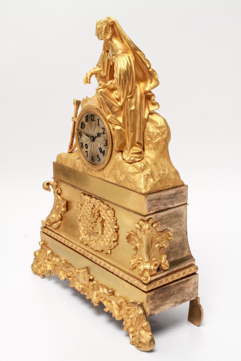 French Neoclassical Revival Gilt Bronze Ormolu Figural Mantel Clock At