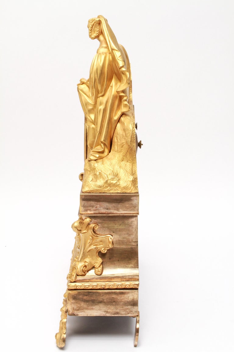 French Neoclassical Revival Gilt Bronze Ormolu Figural Mantel Clock At