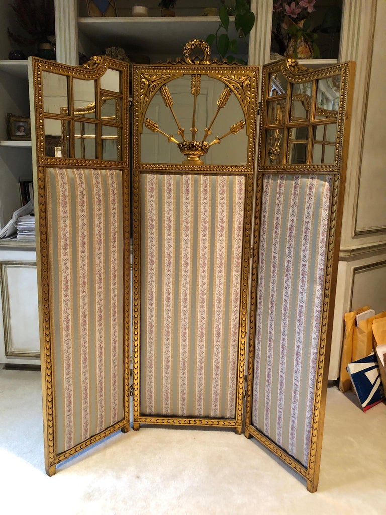 French Neoclassical Revival Giltwood Mirror and Upholstered 3-Panel ...