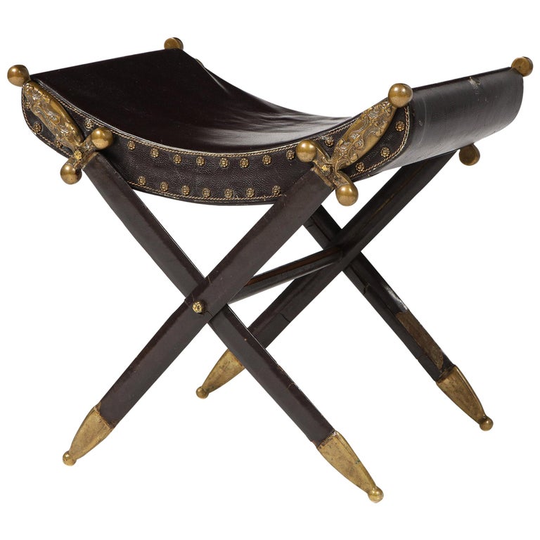 French Neoclassical Steel, Brass, and Leather Crossed Swords Bench For ...