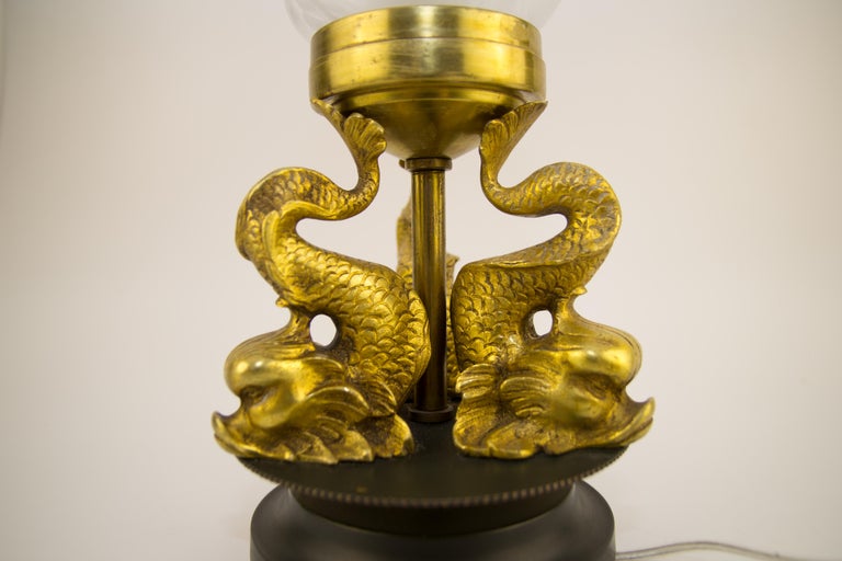 French Newel Post Lamp with Bronze Dolphins and Flame Shade at 1stDibs