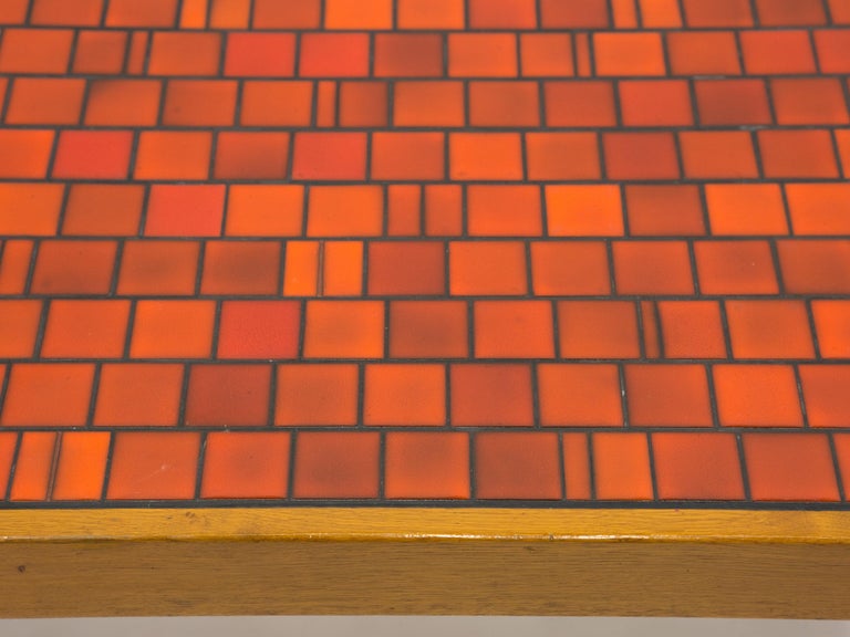 French Oak Wood and Red Ceramic Coffee Table, 1960s at 1stDibs