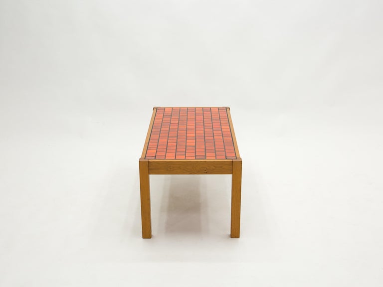 French Oak Wood and Red Ceramic Coffee Table, 1960s at 1stDibs