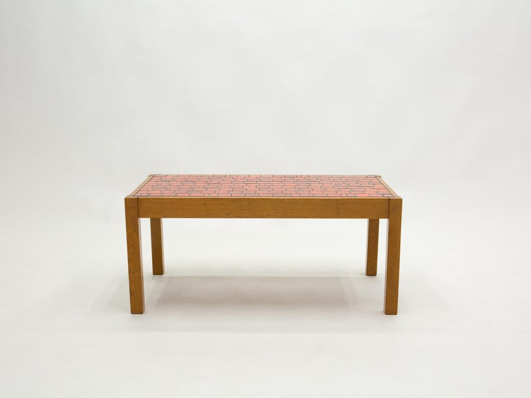 French Oak Wood and Red Ceramic Coffee Table, 1960s at 1stDibs