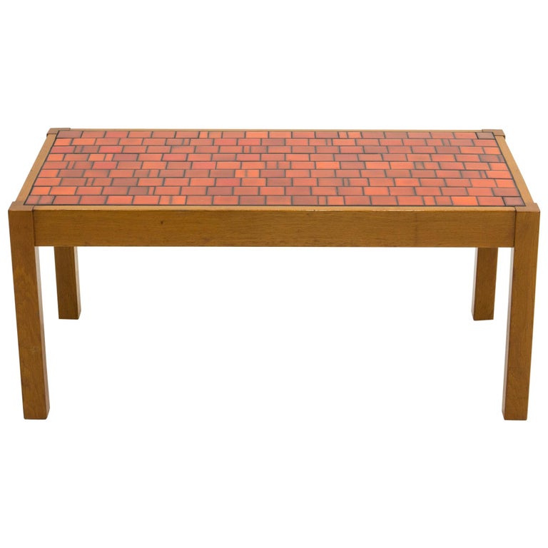 French Oak Wood and Red Ceramic Coffee Table, 1960s at 1stDibs